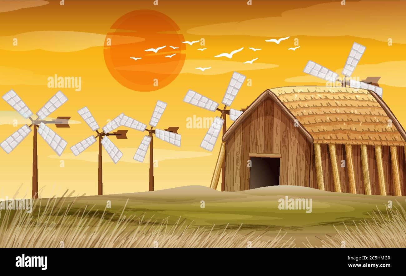 Farm scene in nature with barn and windmill illustration Stock Vector ...