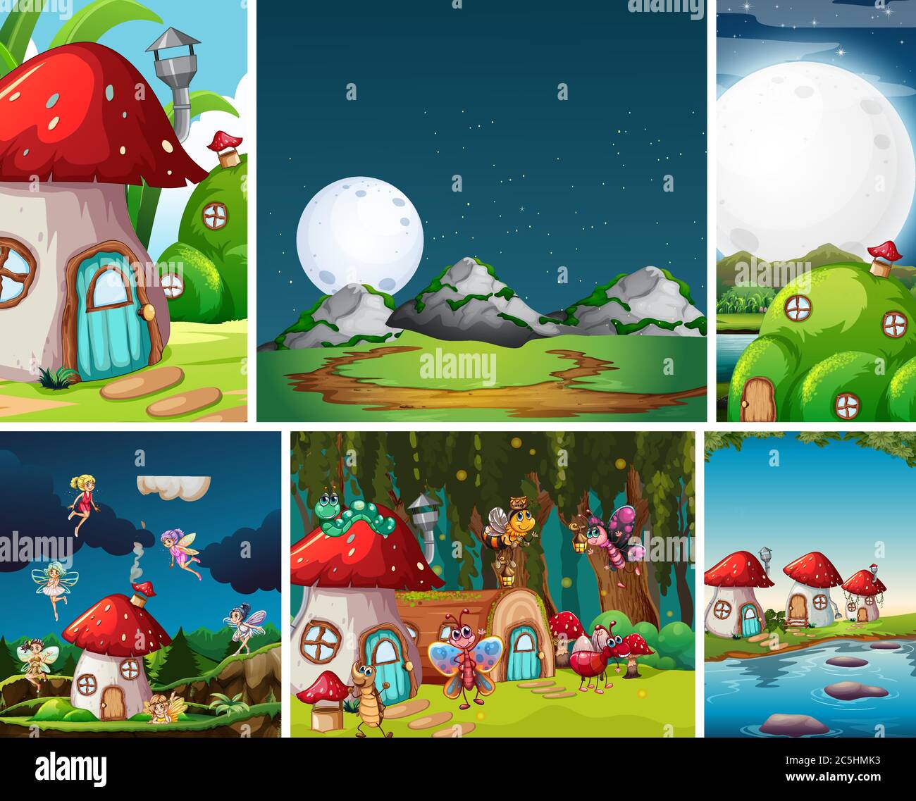 Six different scene of fantasy world with fantasy places and fantasy ...