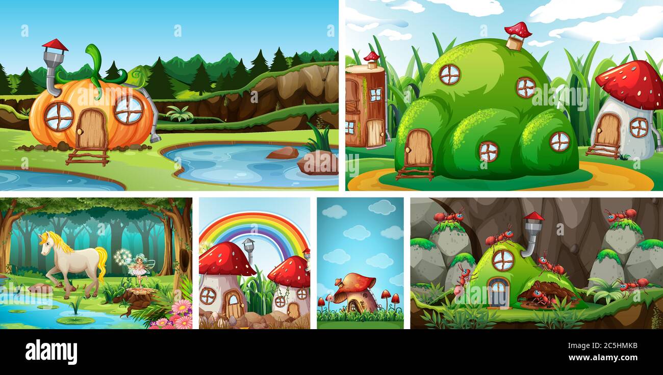 Six different scene of fantasy world with fantasy places and fantasy ...