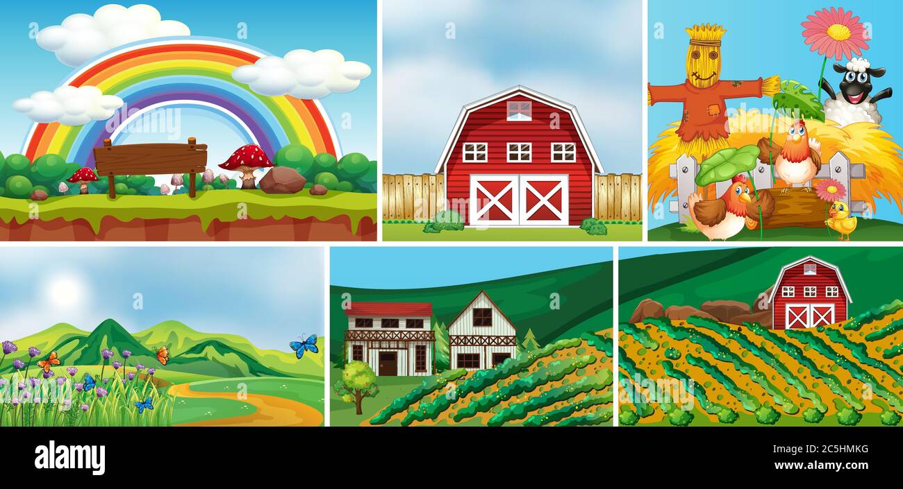 Set of different farm scenes with animal farm cartoon style ...