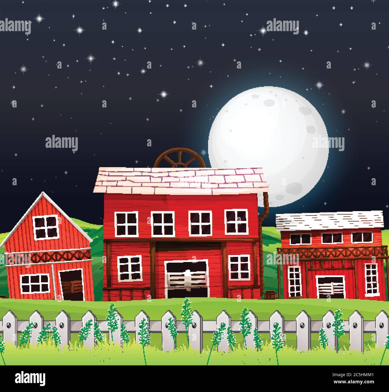 Farm scene with barn and farm house at night illustration Stock Vector ...