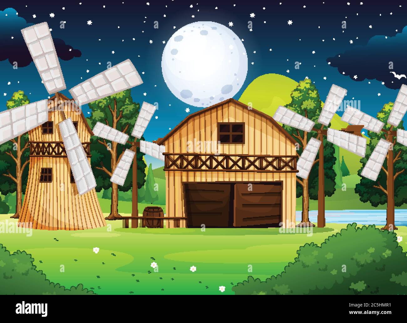 Farm scene with barn and mill at night illustration Stock Vector Image ...