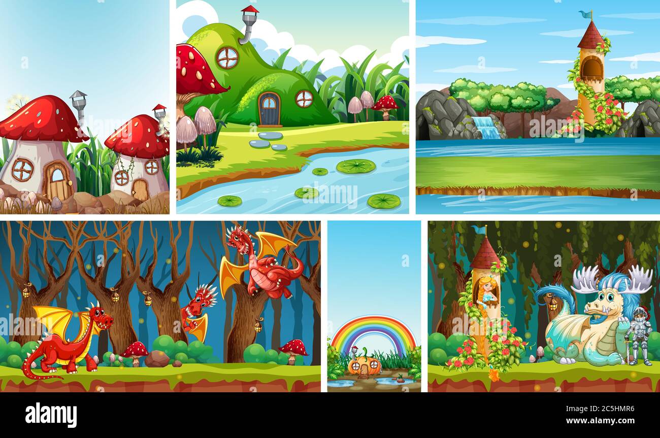 Six different scene of fantasy world with fantasy places and fantasy ...