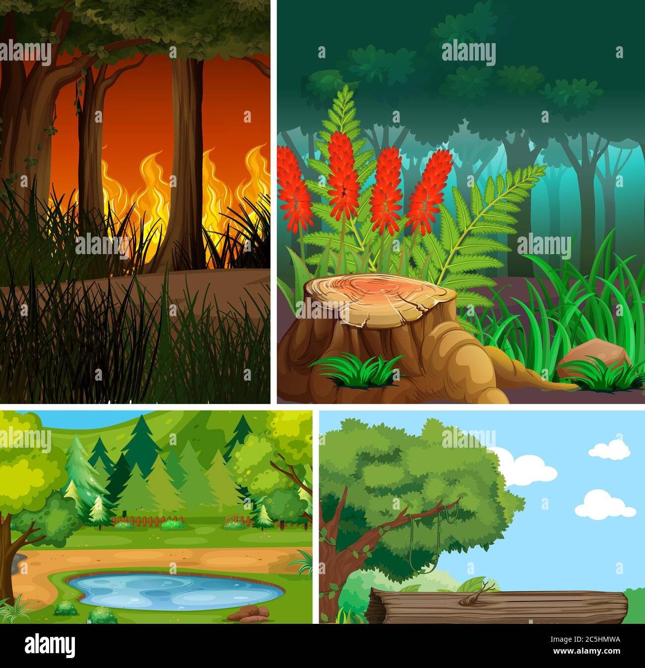 Four different nature scene of forest cartoon style and nature ...