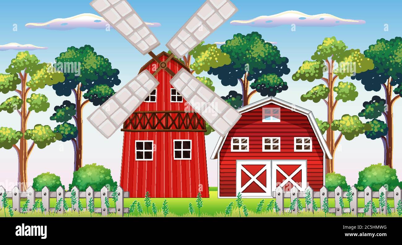 Farm scene in nature with barn and windmill illustration Stock Vector ...