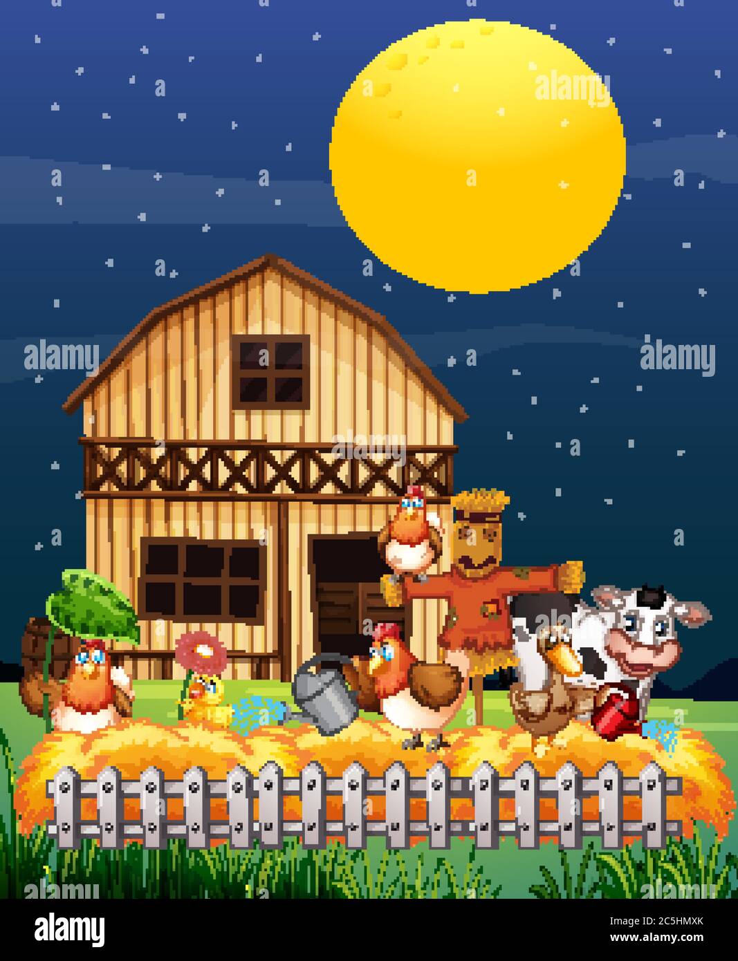 Farm scene with animal farm at night cartoon style illustration Stock ...