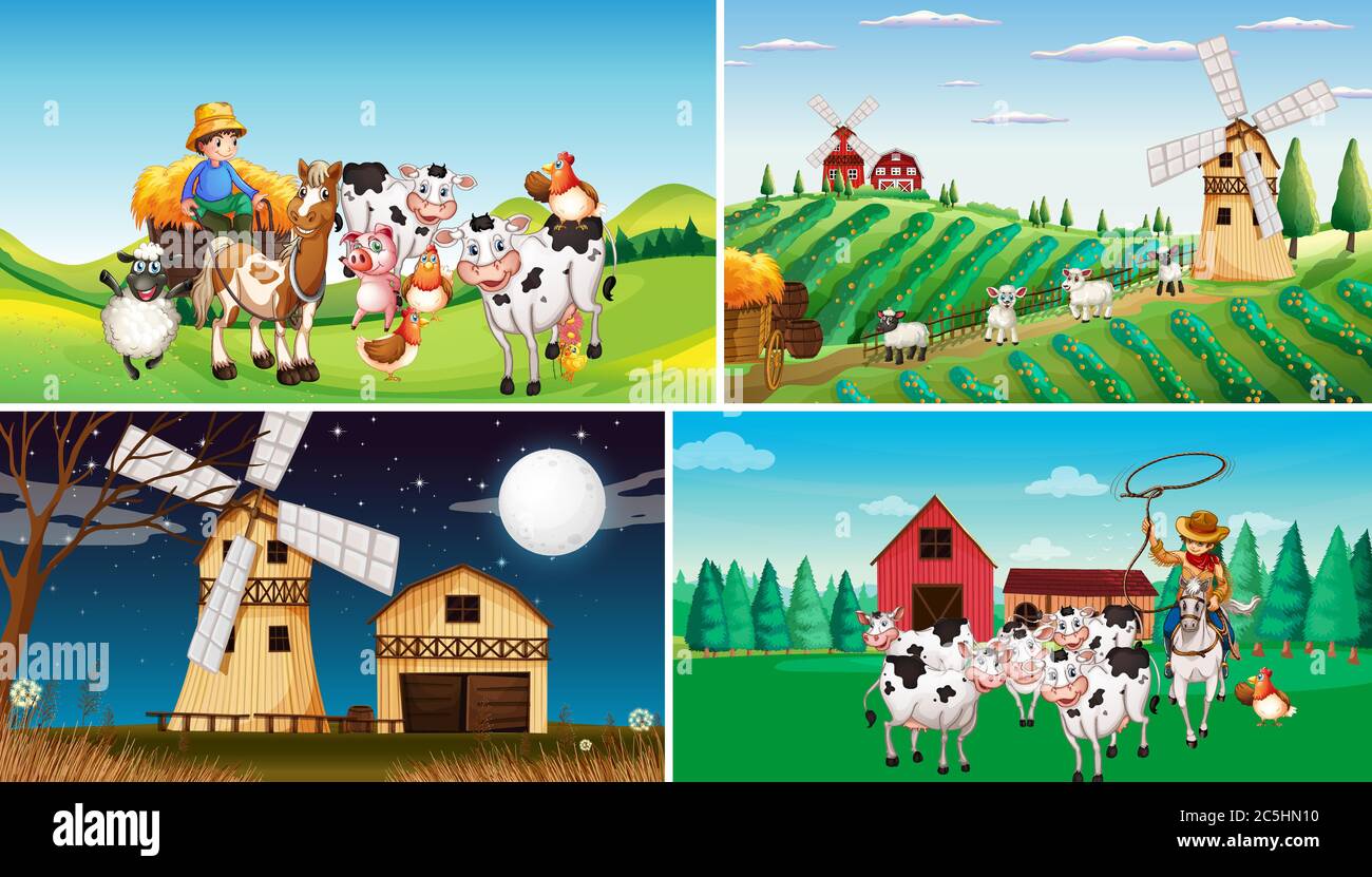 Set of different farm scenes with animal farm cartoon style ...