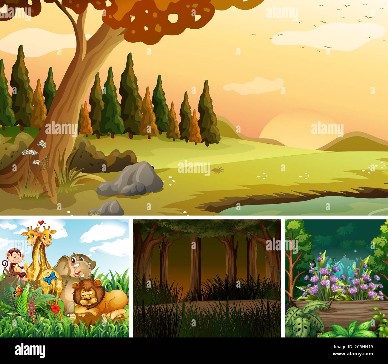 Four different nature scene of forest and wild animal cartoon style ...