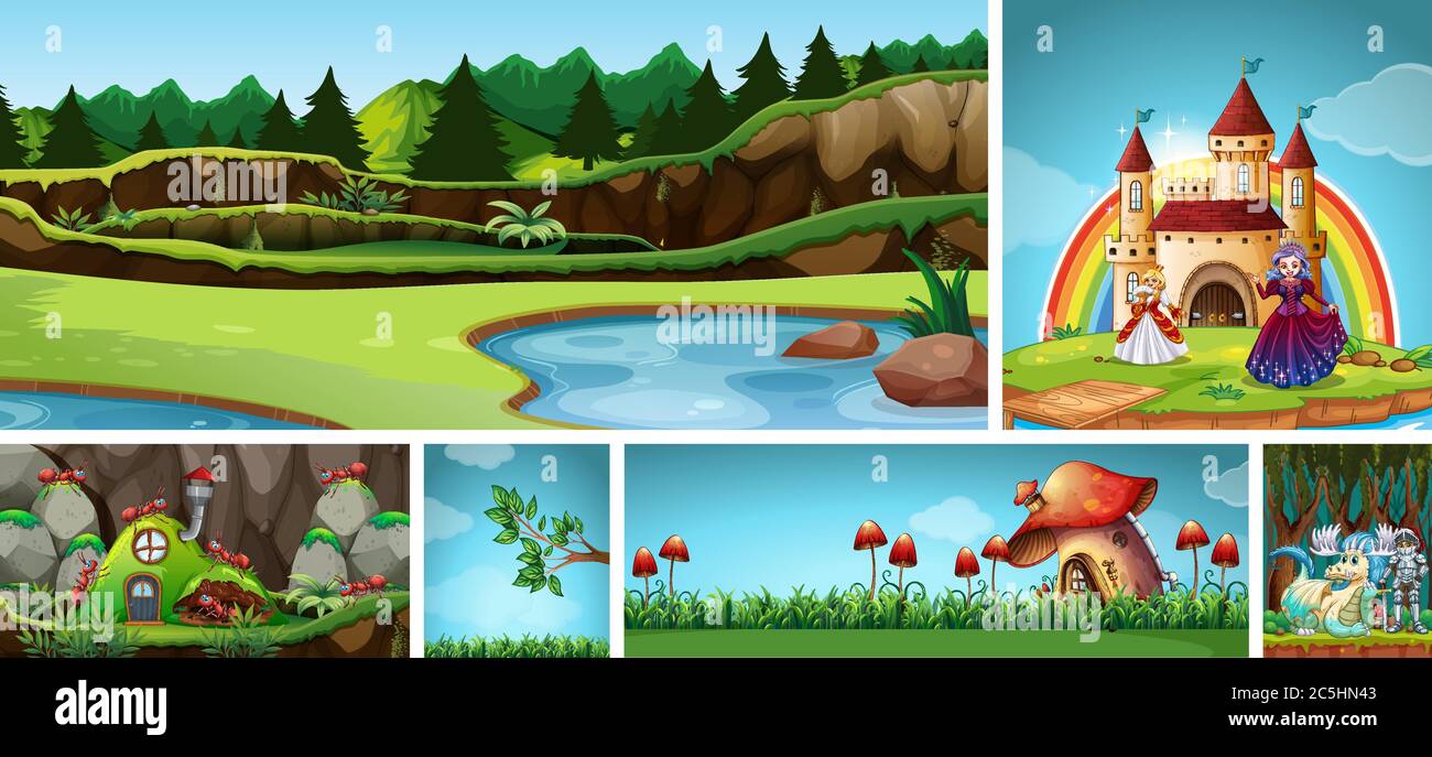 Six different scene of fantasy world with nature fantasy places and ...