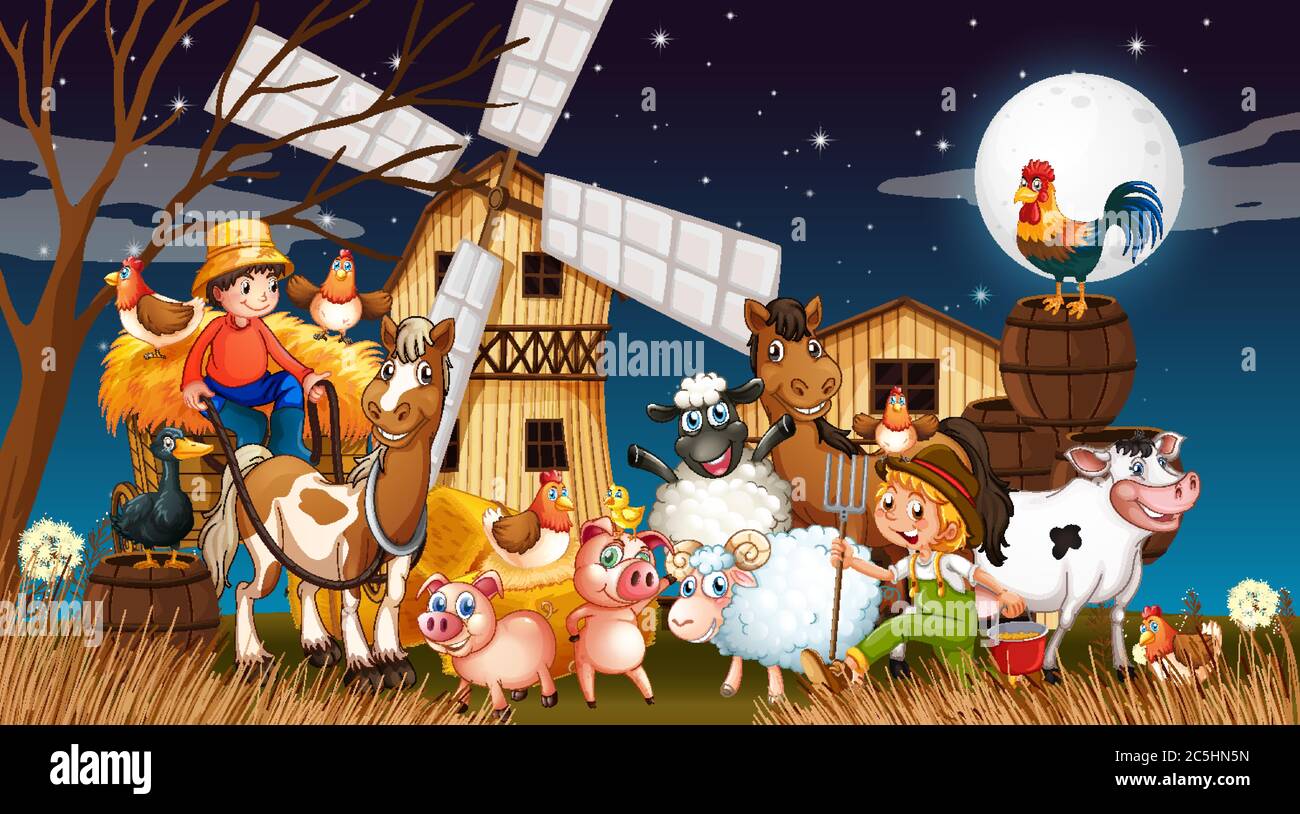 Farm in nature scene with windmill and animal farm at night ...