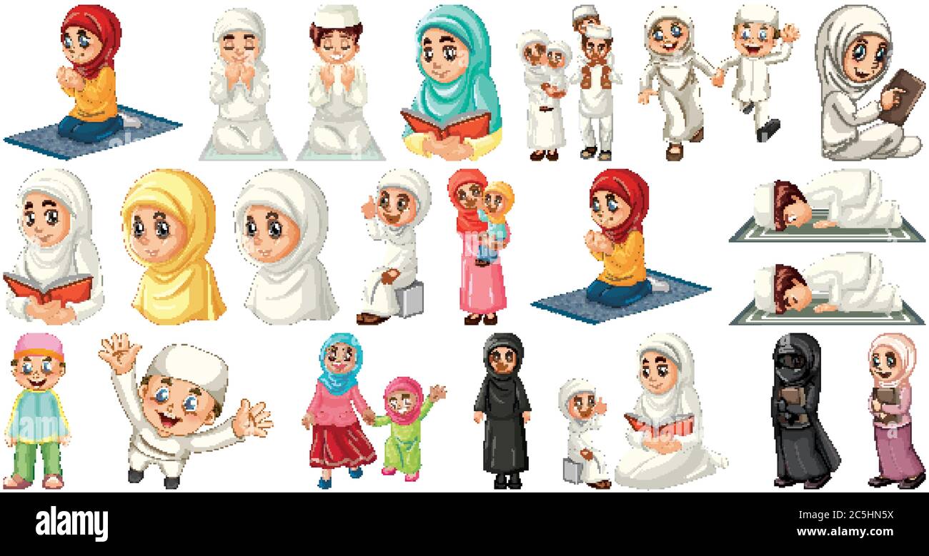 Set of different muslim people cartoon character isolated on white ...