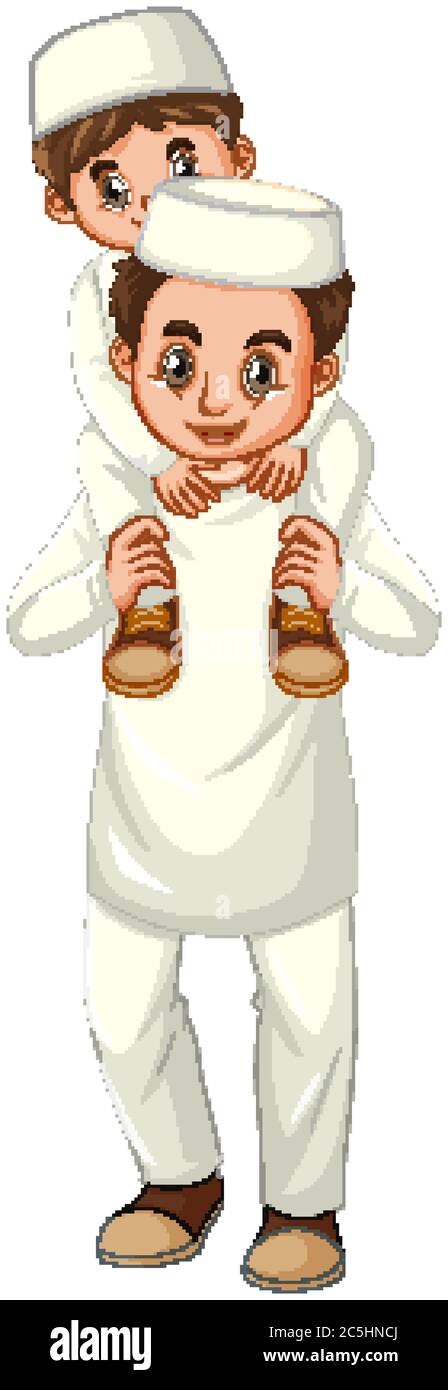 Arab muslim father and son in traditional clothing isolated on white ...