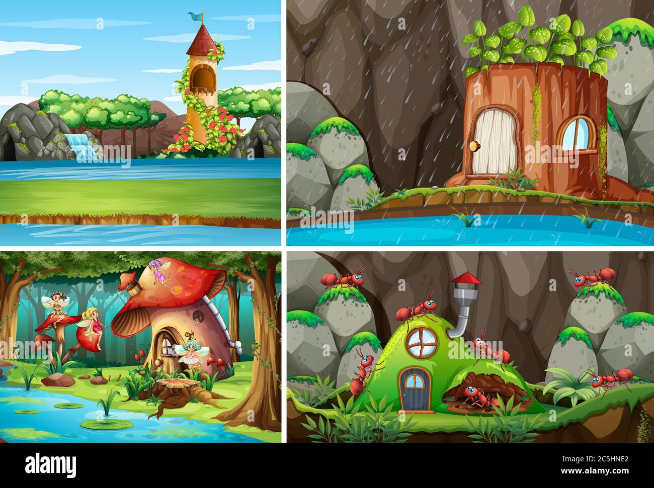 Four different scene of fantasy world with fantasy places and fantasy ...