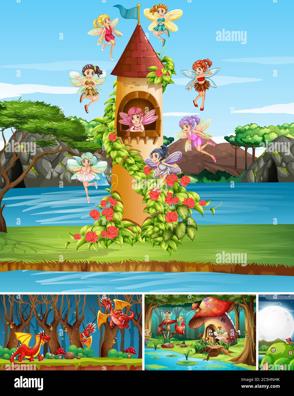 Four different scene of fantasy world with fantasy places and fantasy ...