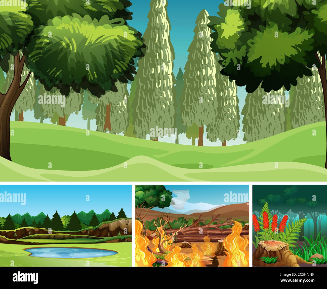 Four different natural disaster scenes of forest cartoon style ...