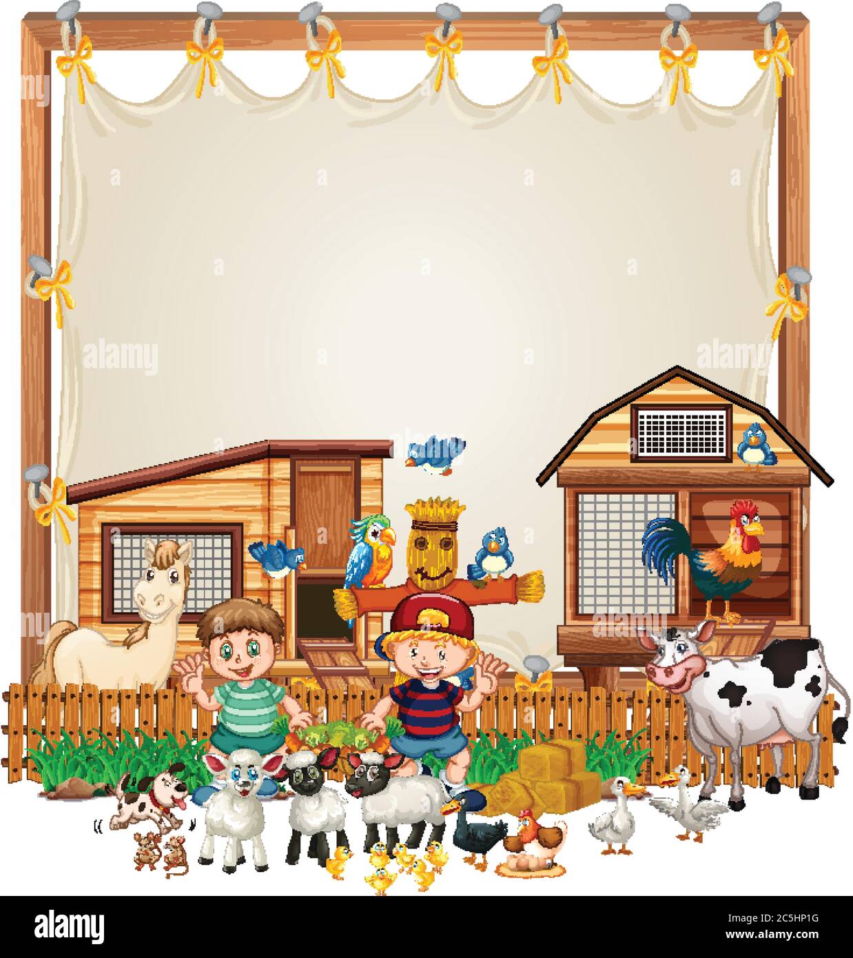 Canvas wooden frame template with animal farm set isolated illustration ...