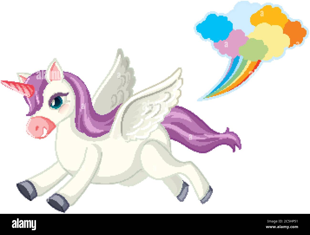 Cute purple unicorn in running position on white background ...