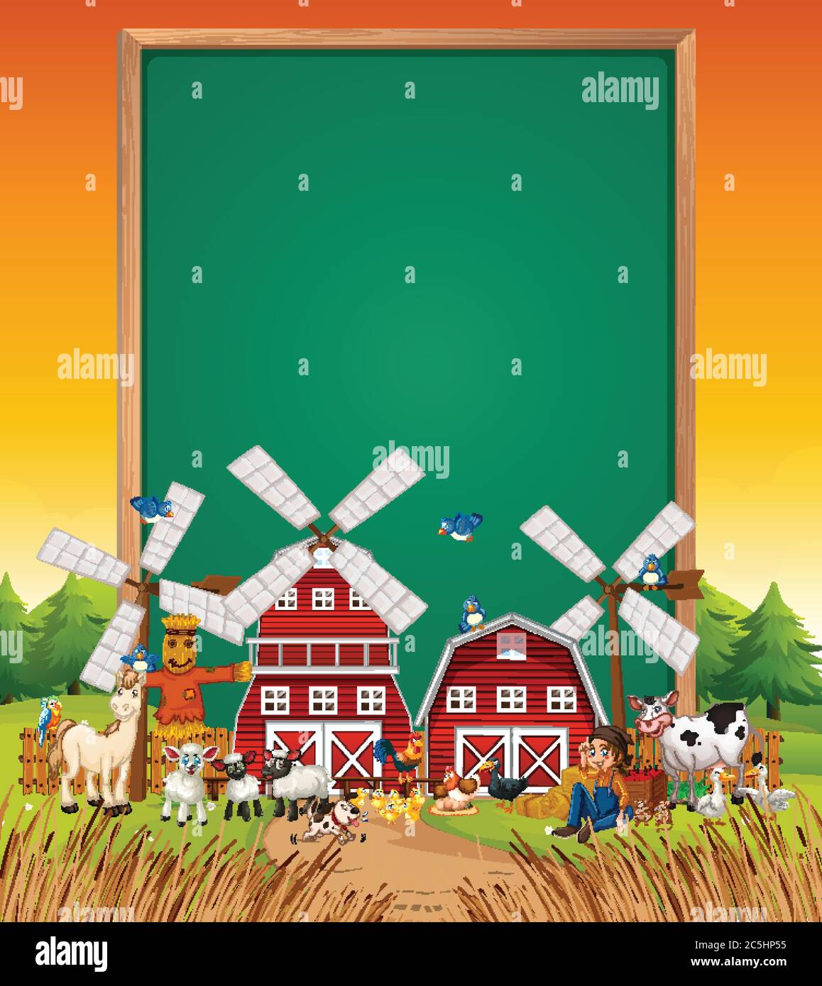 Blank board in organic farm with animal farm set illustration Stock ...