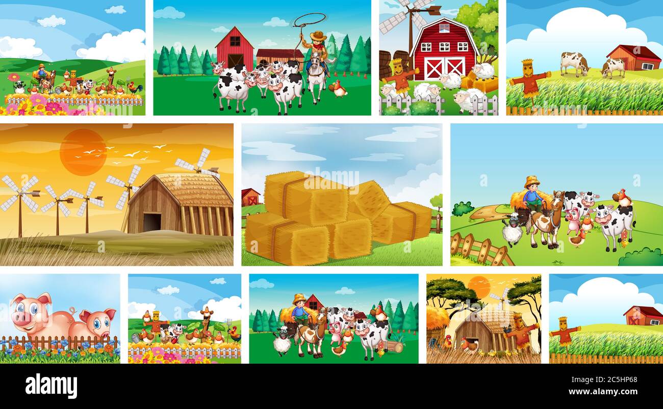 Set of different farm scenes with animal farm cartoon style ...