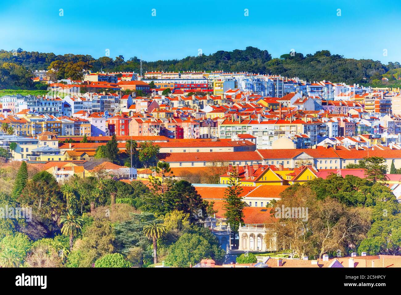 Lisbon, Portugal panoramic aerial view with colorful houses and ...