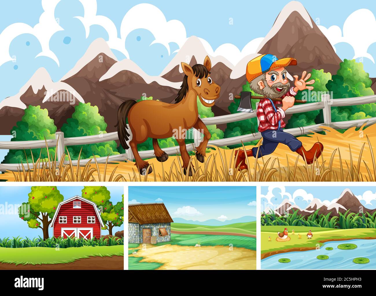 Set of different farm scenes with animal farm cartoon style ...