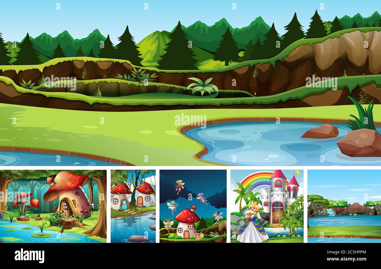 Six different scene of fantasy world with fantasy places and fantasy ...
