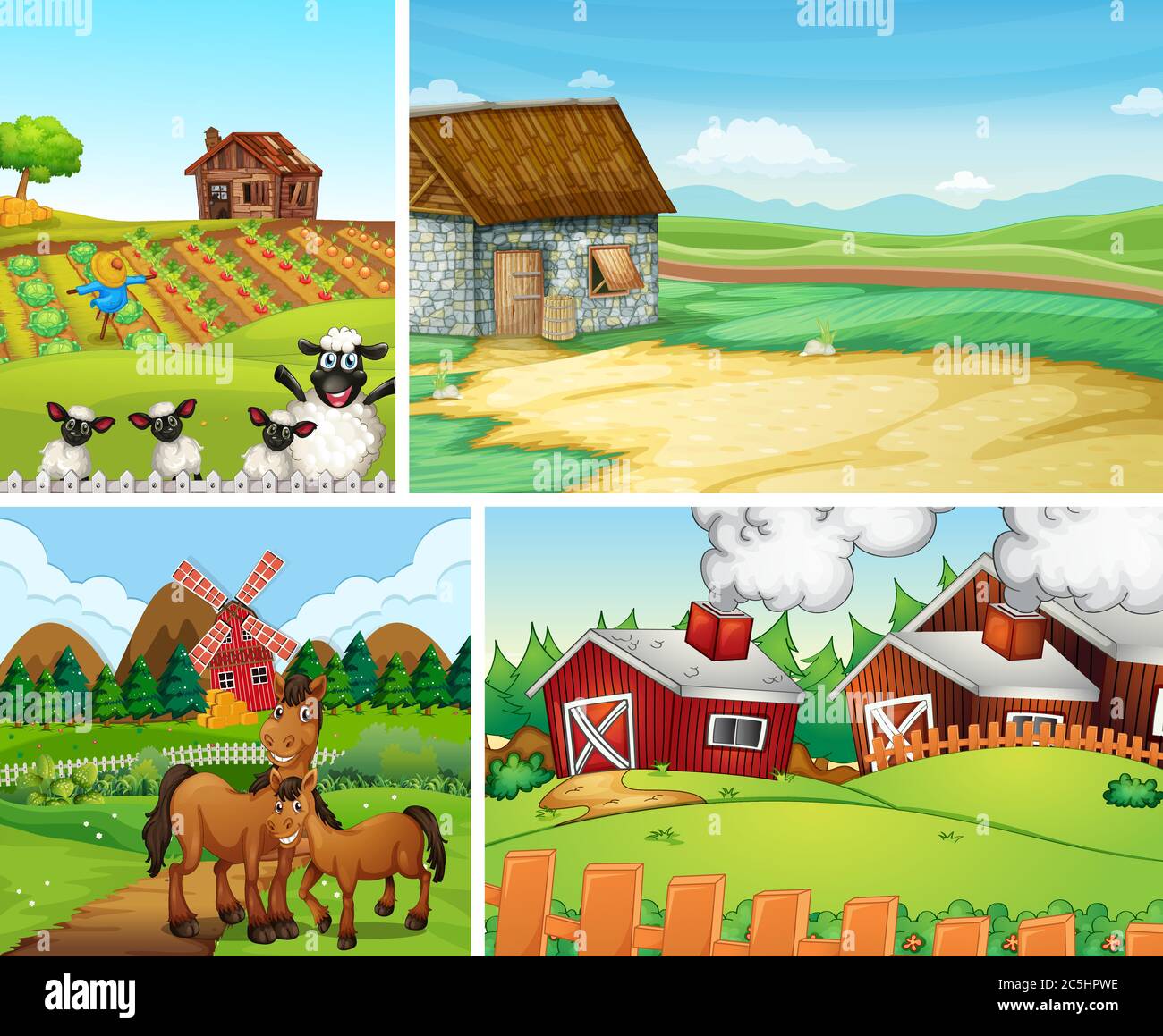 Set of different farm scenes cartoon style illustration Stock Vector ...