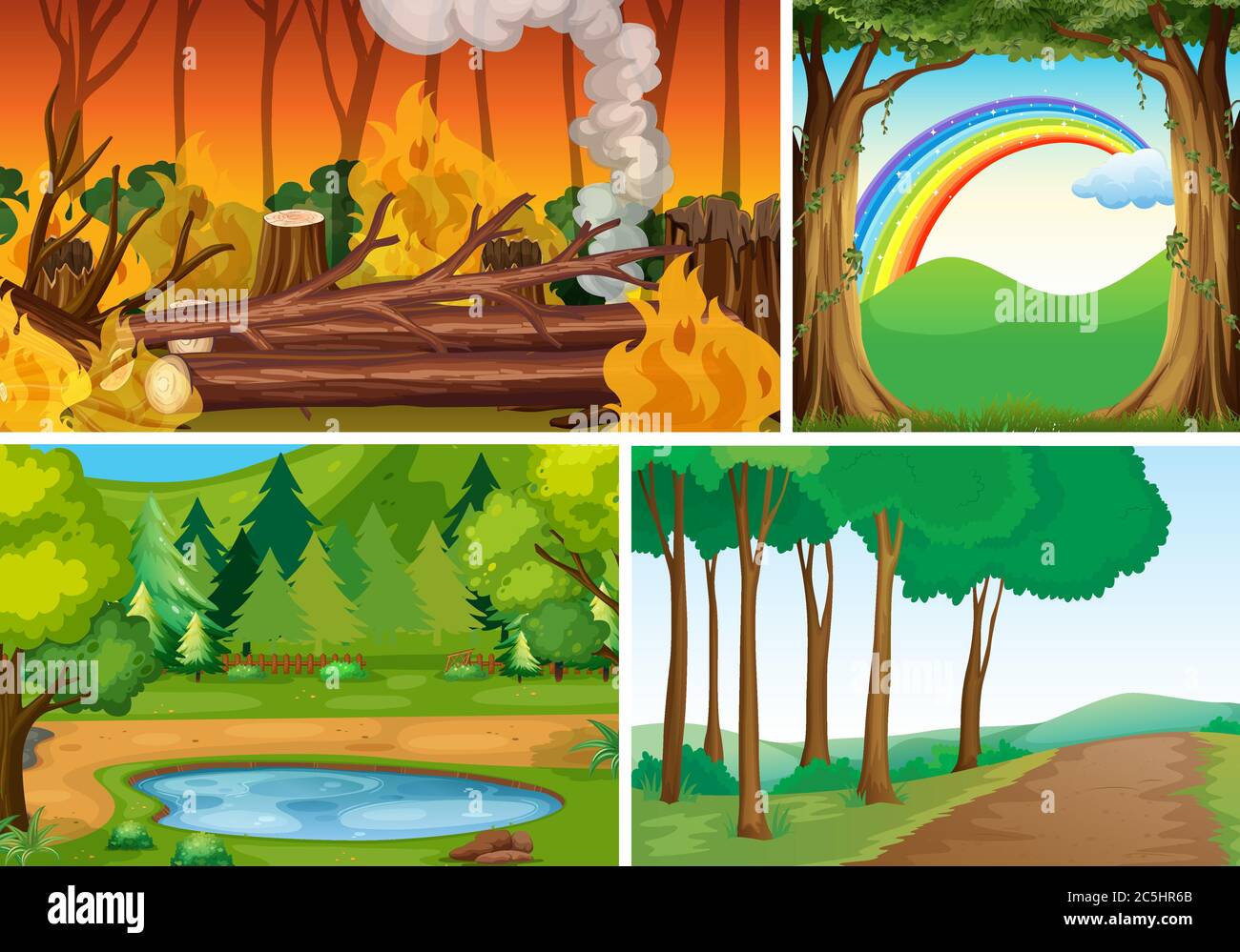 Four different nature disasters scene of forest cartoon style ...