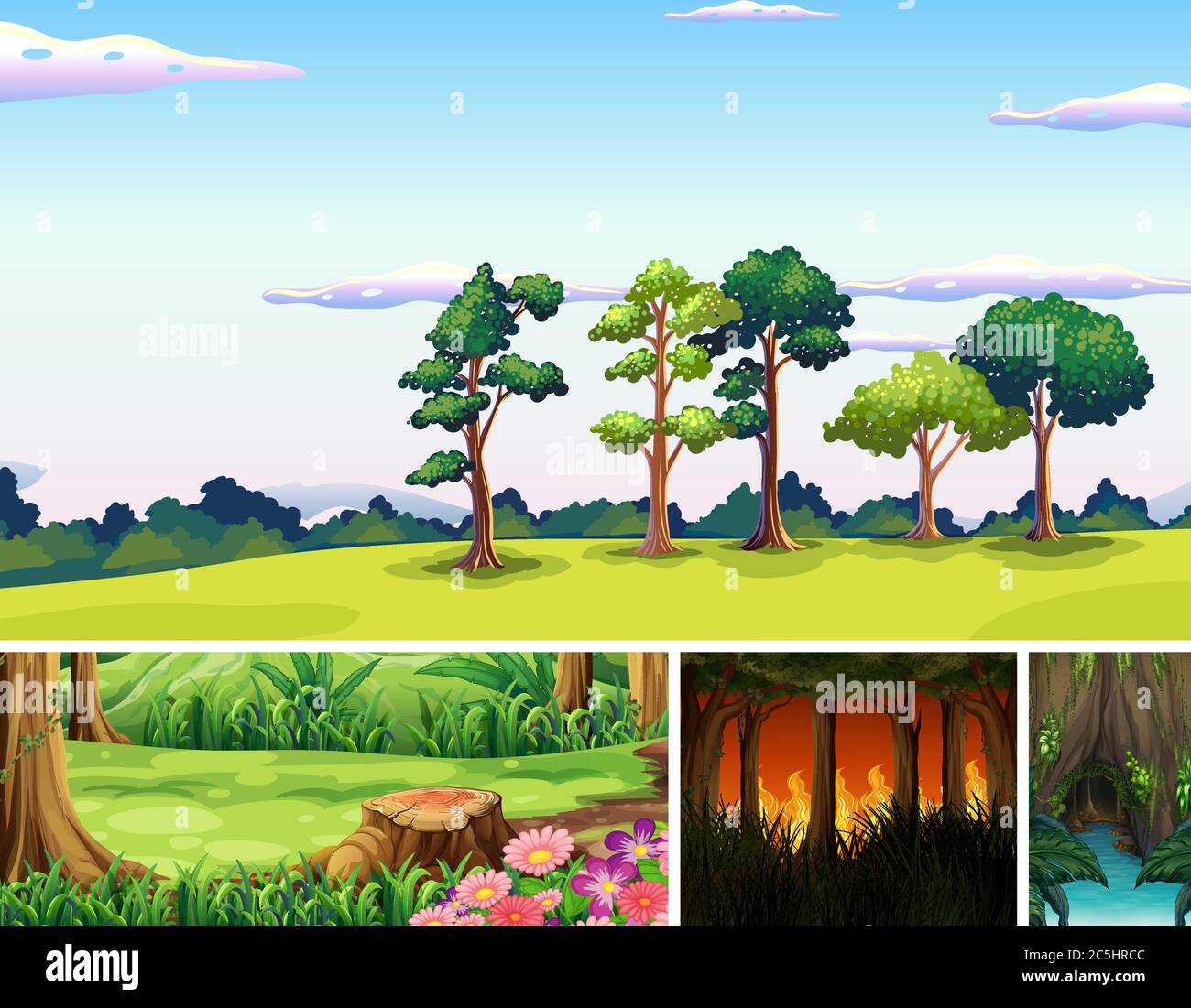 Four different natural disasters scenes of forest cartoon style ...