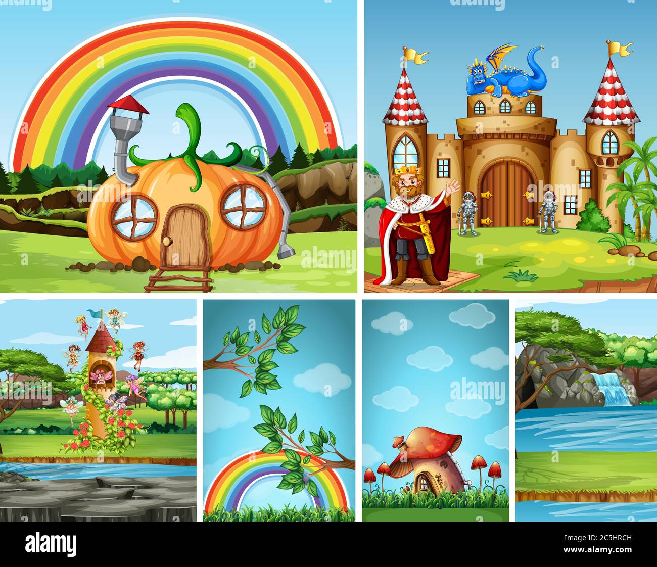 Six different scene of fantasy world with fantasy places and fantasy ...