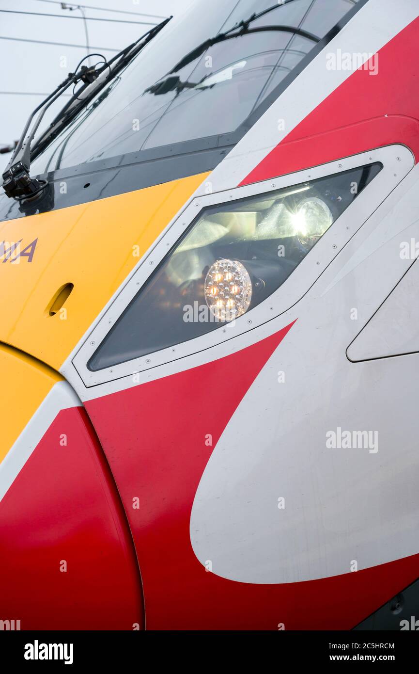 Close up of the front of an LNER Azuma high speed train on the east coast main line, England, UK ...