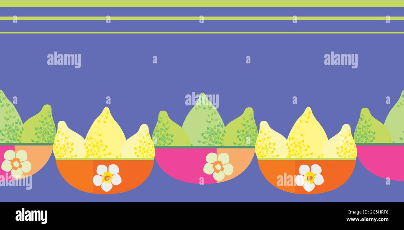 Vector border with limes and lemons in pink orange floral bowls ...