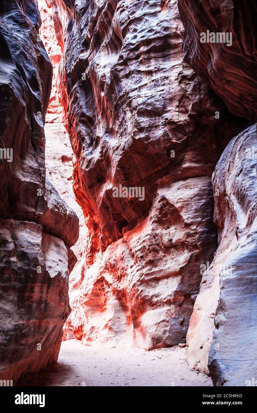 The canyon known as Al Siq at the entrance to the Pink City of Petra in ...