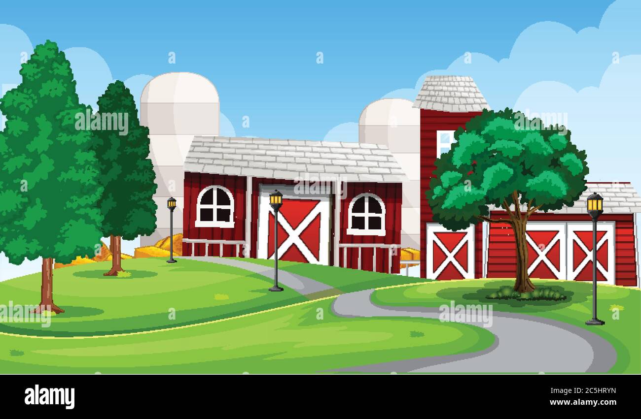 Farm in nature scene with barn and farm factory illustration Stock ...