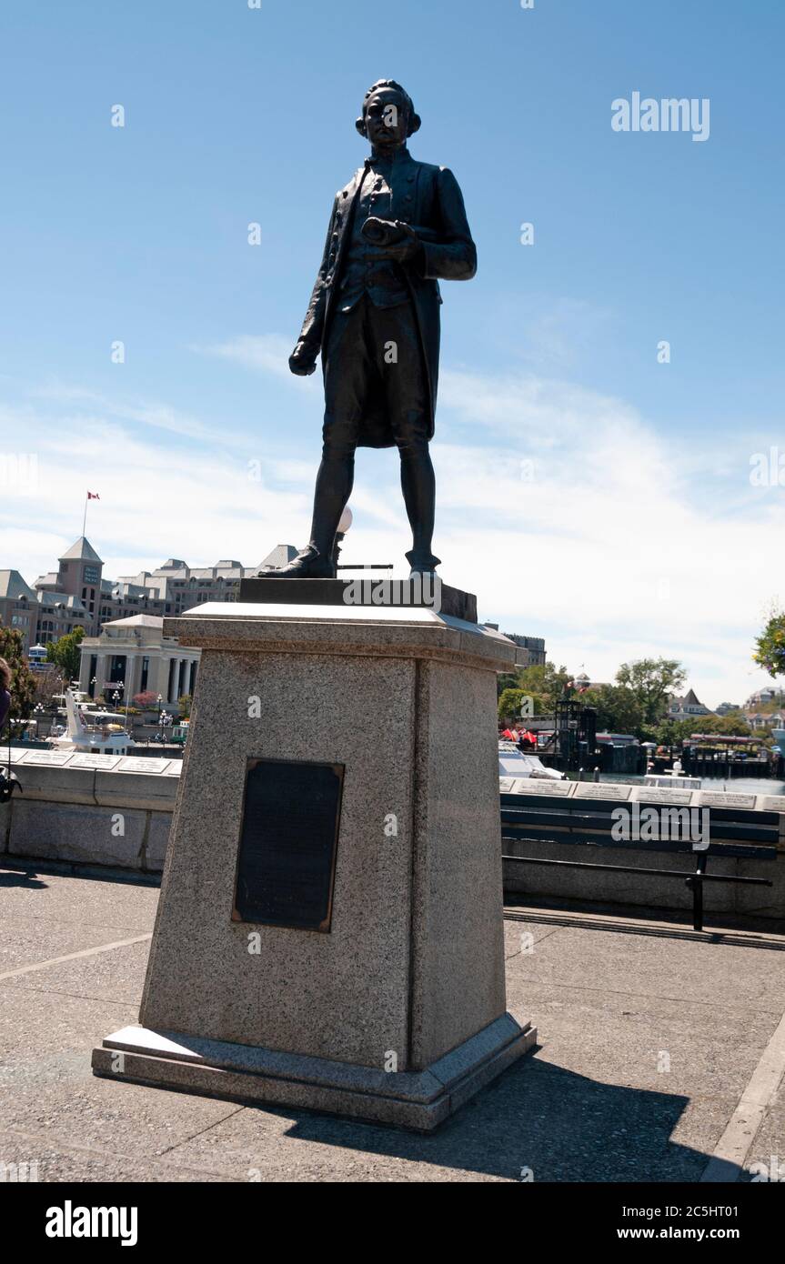 A statue of Royal Navy (RN) Captain James Cook on the harbour front in ...