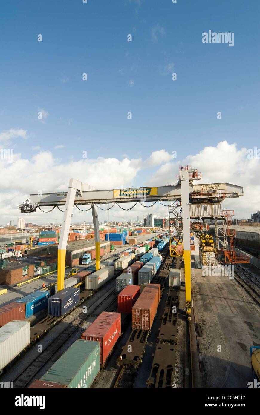 Rail mounted crane and shipping containers at Manchester Euroterminal ...