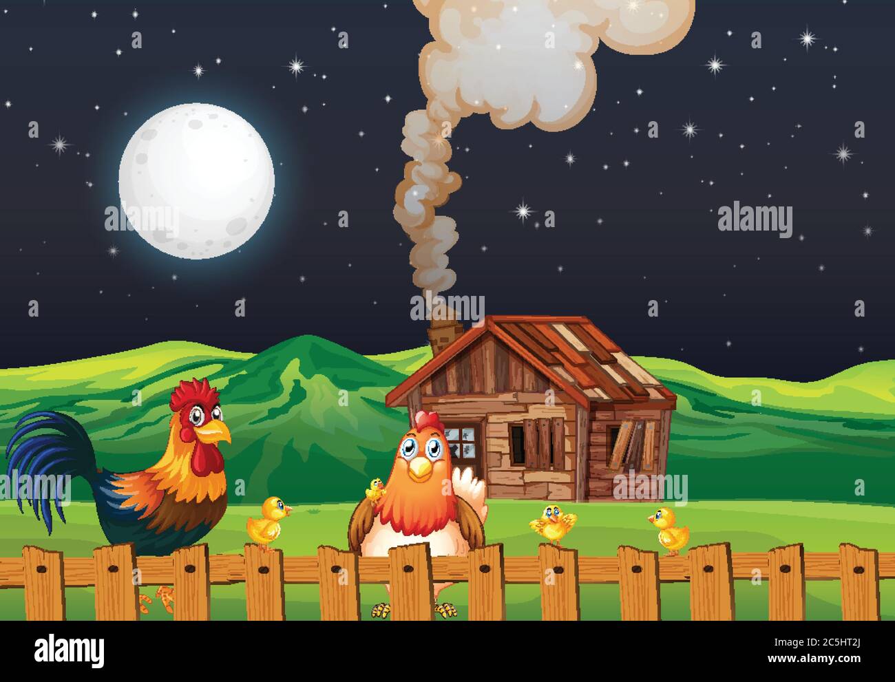 Farm scene with barn and windmill and chicken at night illustration ...