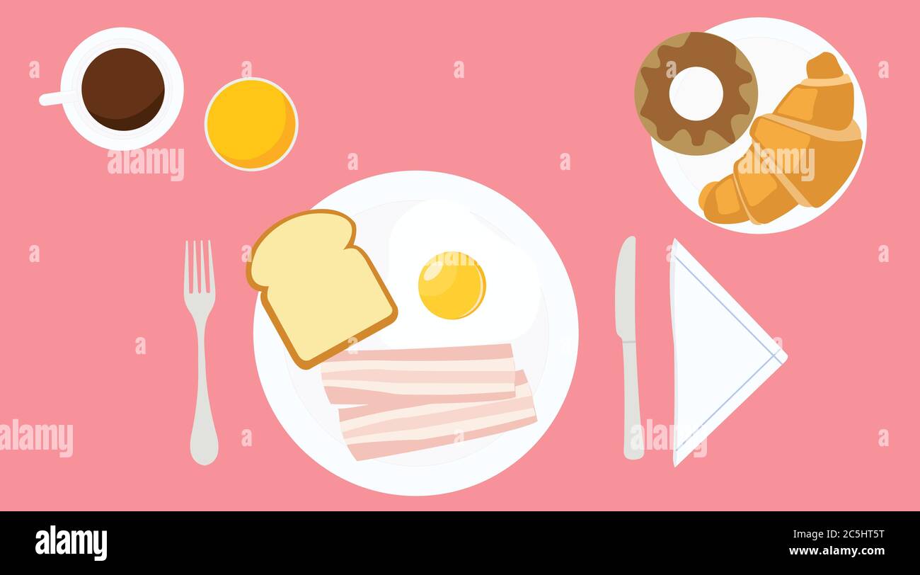 Vector Illustration of a Breakfast with coffee, orange juice, bagel ...