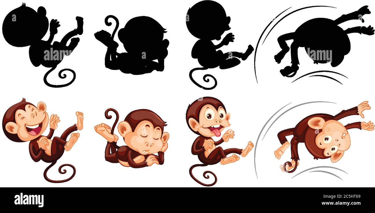 Set of monkey and its silhouette illustration Stock Vector Image & Art ...