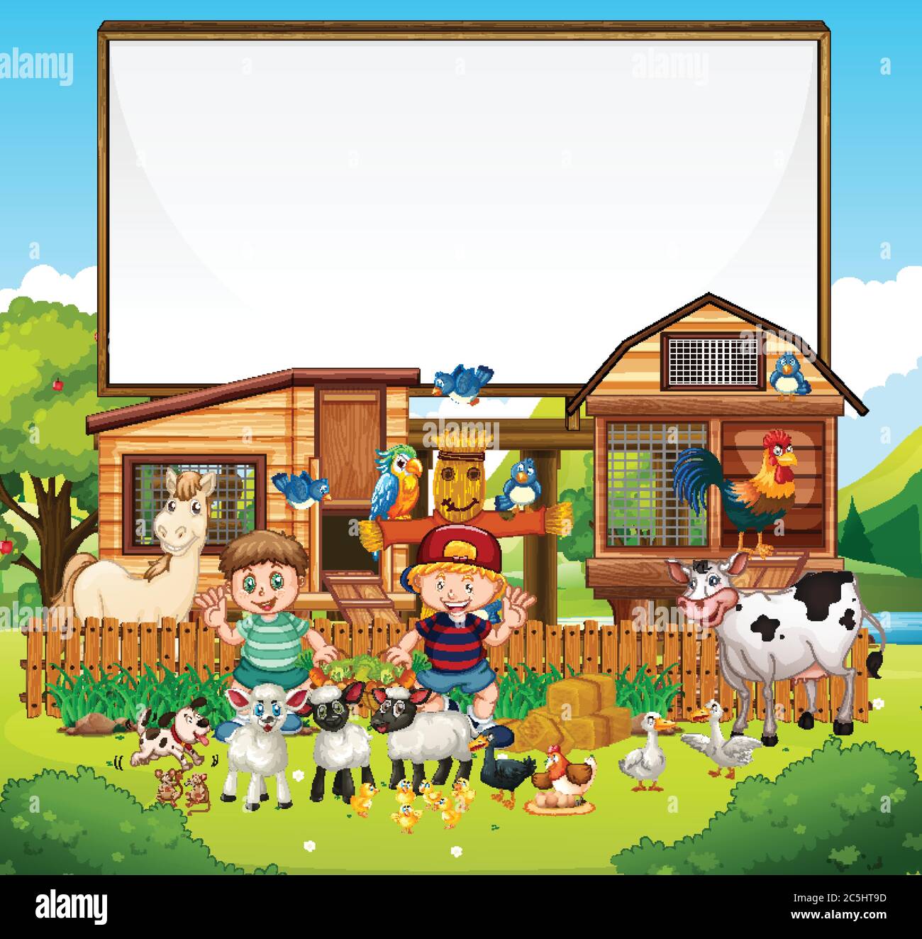 Blank board in organic farm with animal farm set isolated illustration ...
