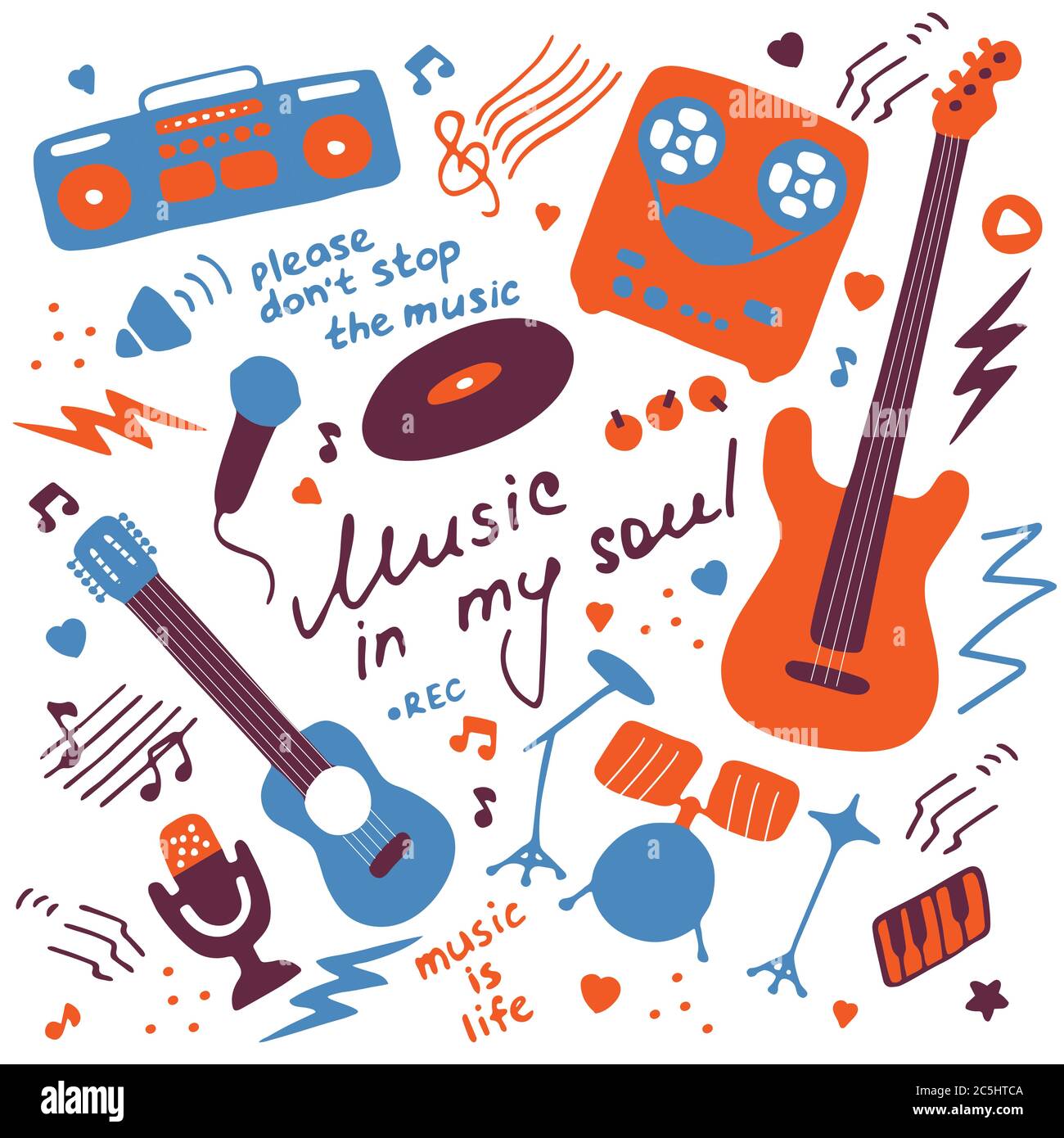 Musical hand-drawn icons. Doodle elements for print, digital, web. Hand ...
