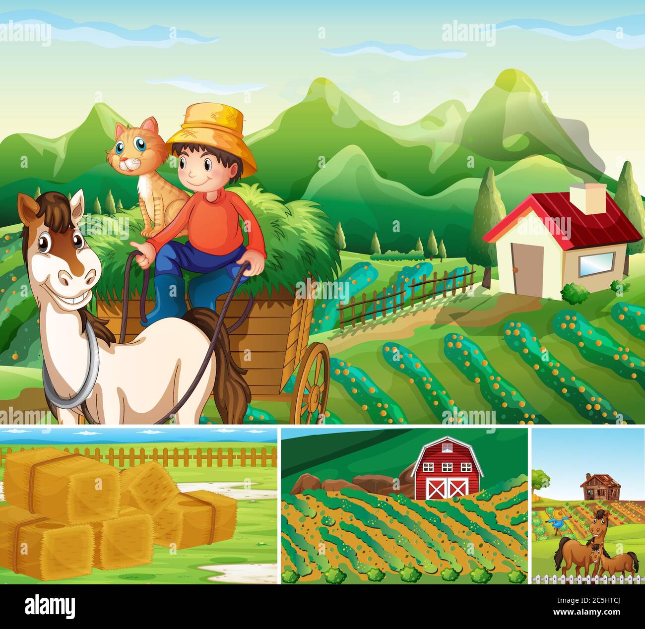 Set of different farm scenes with animal farm cartoon style ...