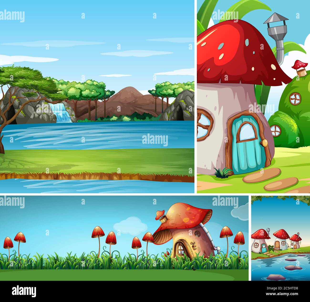 Four different scene of fantasy world with nature fantasy places and ...