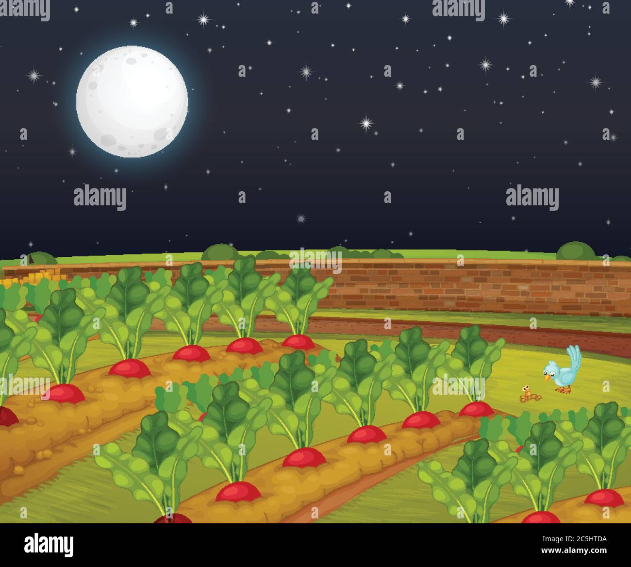 Carrot farm scene with big moon at night illustration Stock Vector ...