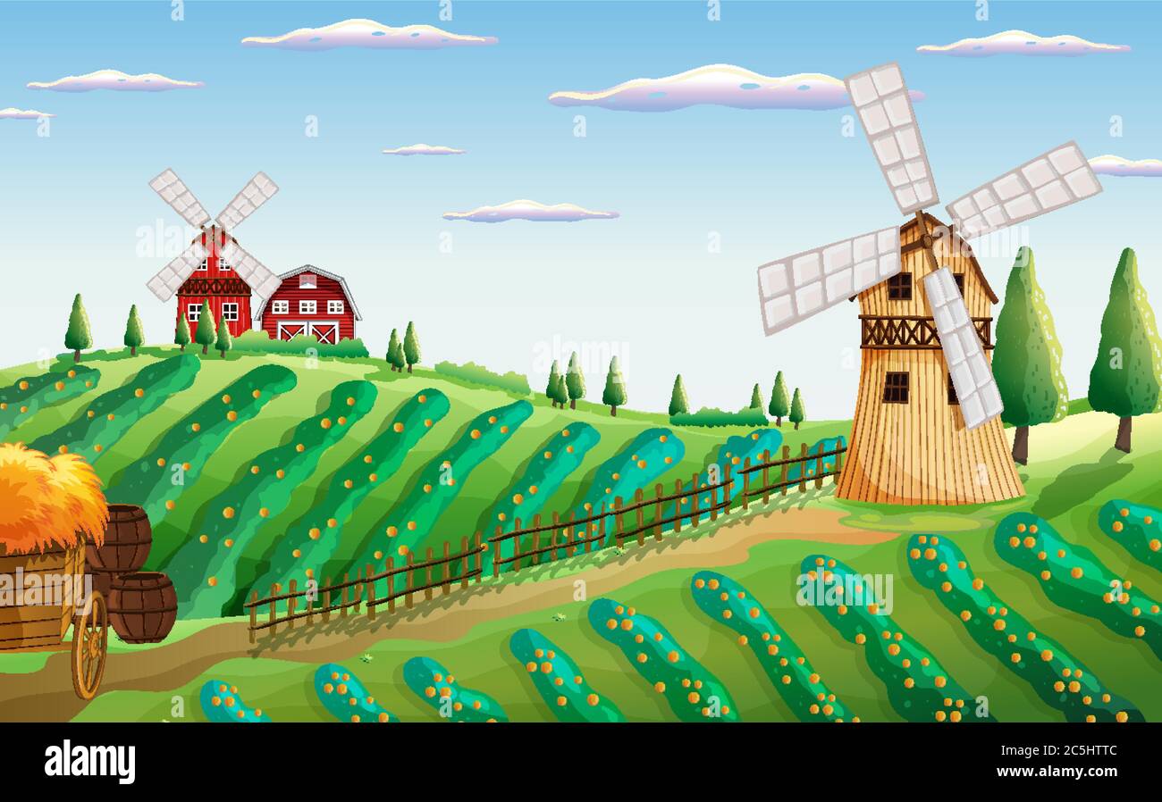 Farm in nature scene with barn and windmill illustration Stock Vector ...