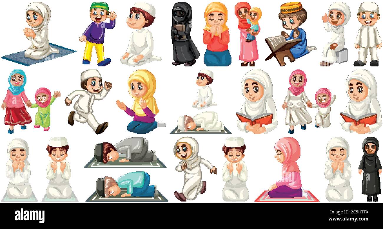 Set of different muslim people cartoon character isolated on white ...