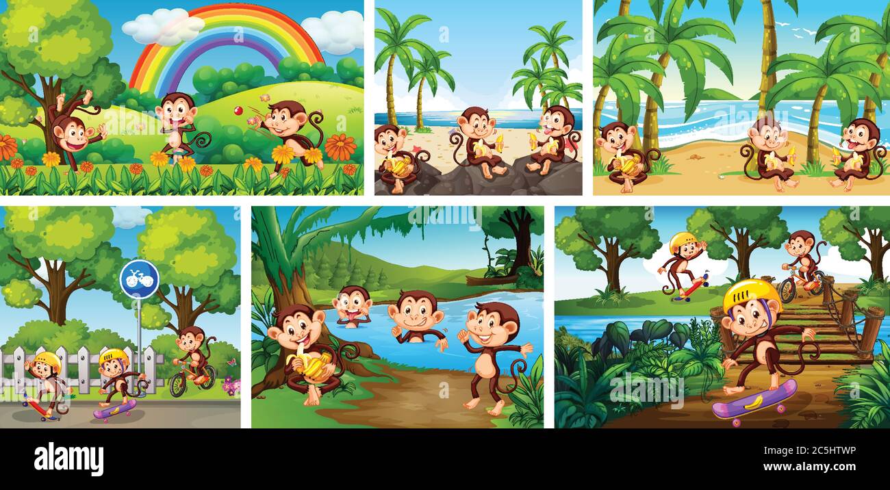 Set of monkey in different background illustration Stock Vector Image ...