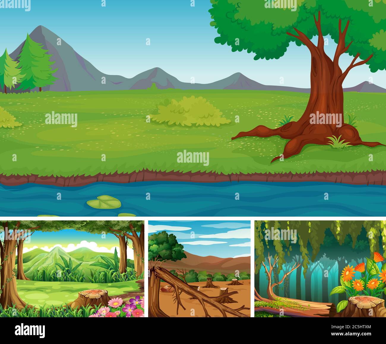 Four different nature scene of forest cartoon style illustration Stock ...