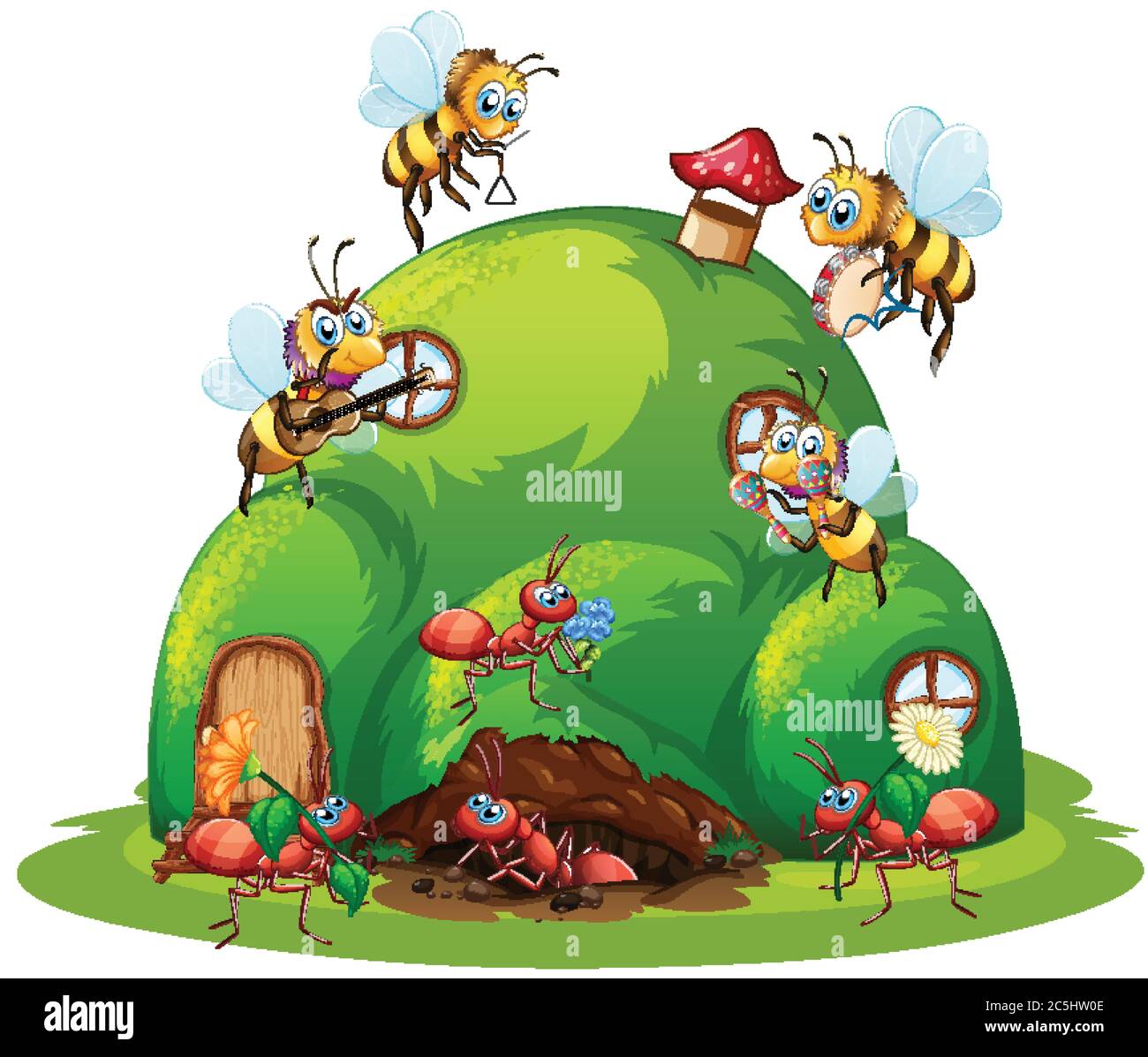 Ant nest and bees cartoon style isolated on white backgrounf ...