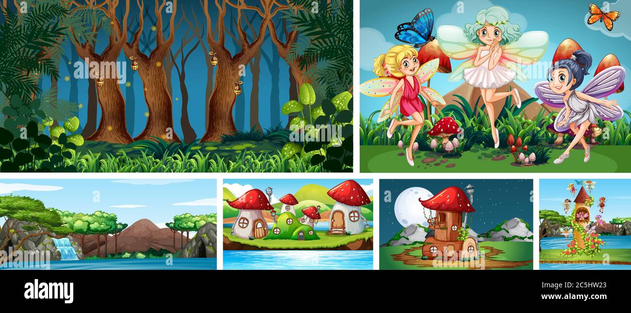 Six different scene of fantasy world with fairies in fairy tale and ...